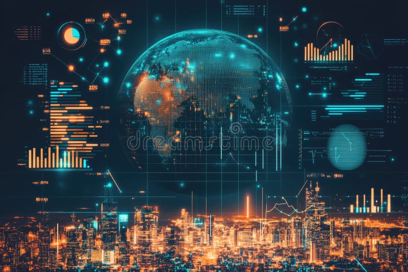 Digital Globe with Data Visualization Over Cityscape, Showcasing ...