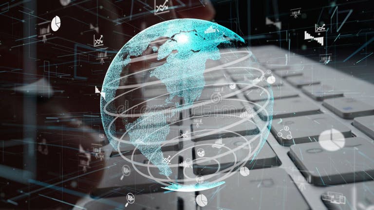 Digital Globe with Data Visualization Overlaid on Keyboard Showing ...