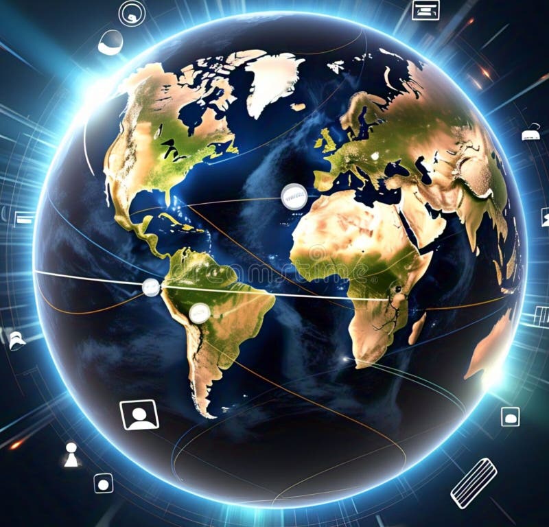 Spherical World Map on Technology Background. Bright Lines and Rays ...