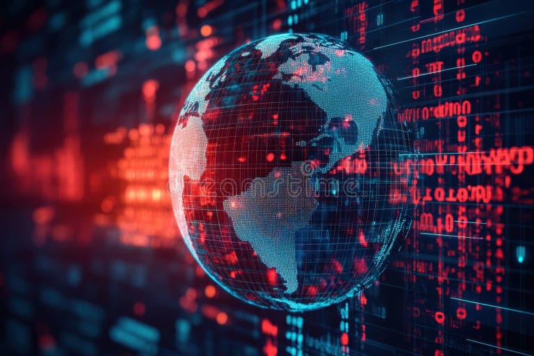 Digital Globe Displaying Interconnected Data Streams in a Vibrant Red ...