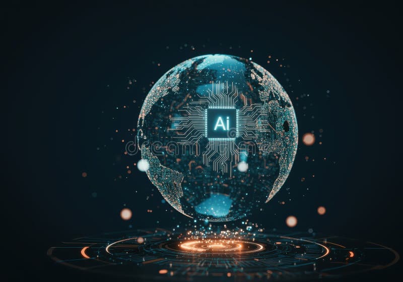 A Digital Globe Displays a Glowing "AI" Label at Its Center, Stock ...