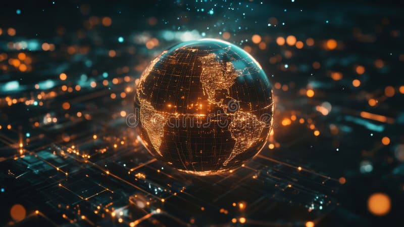 Digital Globe Earth Spinning Across Glowing Electronic Circuitry ...