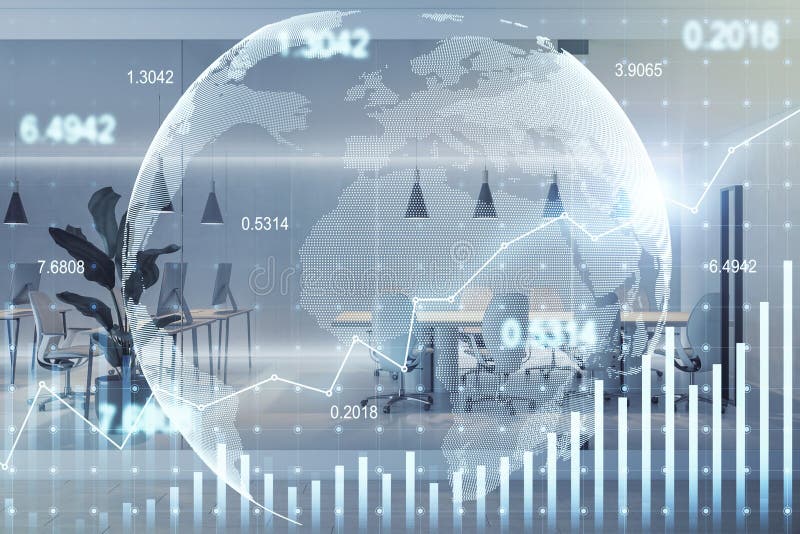 Digital Globe and Financial Chart Overlay on Office Space Background ...