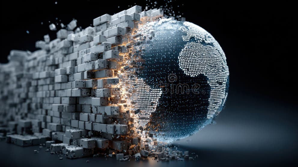 Digital Globe Firewall Concept with Glowing Particles and Breaking Wall ...