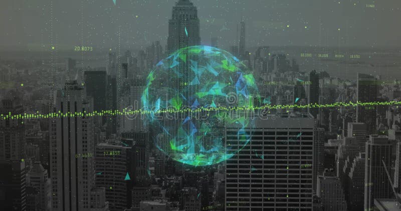 Digital Globe Floating Above Skyscrapers, Green Data Line Crossing ...