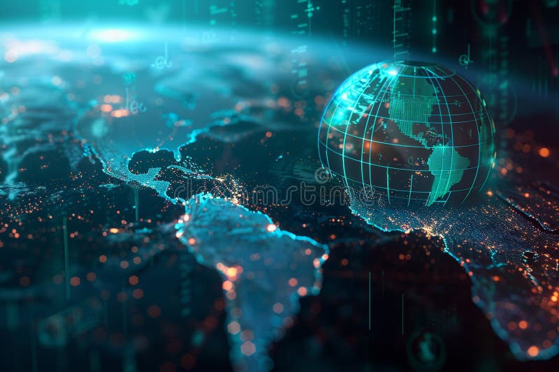 Digital Globe with Glowing Continents and a Wireframe of the Earth ...