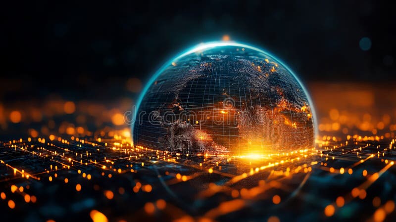 Digital Globe with Glowing Grid Lines Against an Abstract Dark ...
