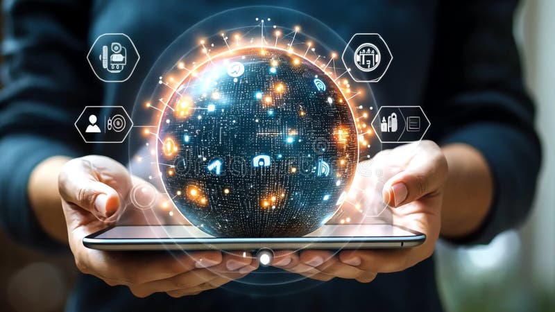 Digital Globe Held in Hands, Showcasing Glowing Connections and Icons ...
