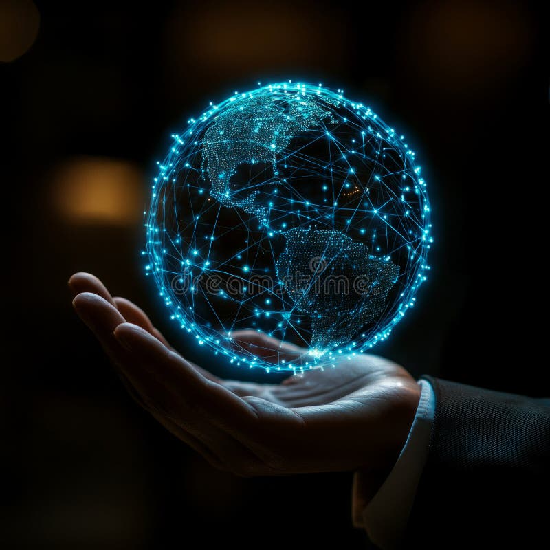 Digital Globe Hologram Held in a Hand, Glowing with Blue Light. Stock ...