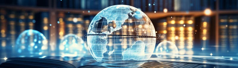 A Digital Globe Hologram Over an Open Book, Representing Global ...
