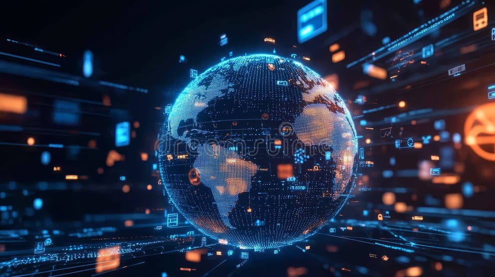 Digital Globe Illuminated by Vibrant Icons Representing Various Technologies and Data Streams ...