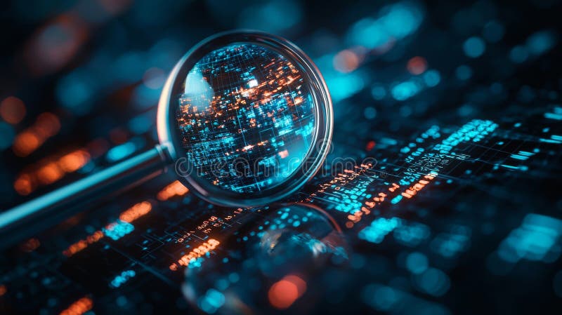 Digital Globe and Magnifying Glass in Futuristic Network Stock Photo ...