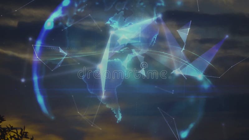 Digital Globe with Network Connections Animation Over Cloudy Sky ...