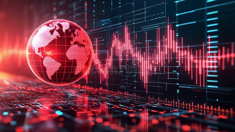 Digital Globe with Red Tones and Abstract Data Visualization Showcasing Technology Trends and ...