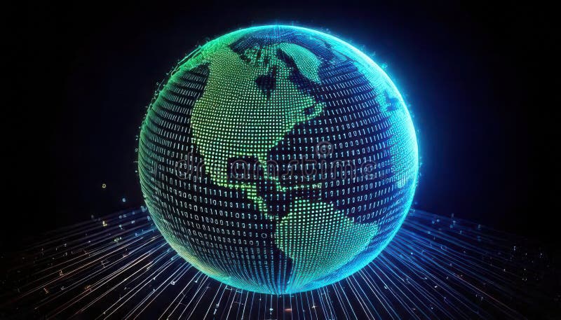 Digital Globe Represented with Glowing Green and Blue Lines ...