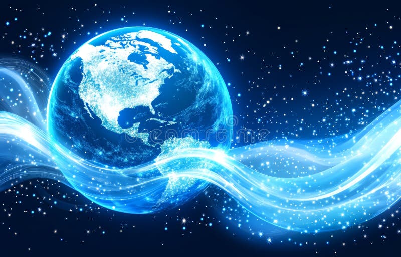 A Digital Globe Shines with Bright Blue and Red Light Streams Swirling ...