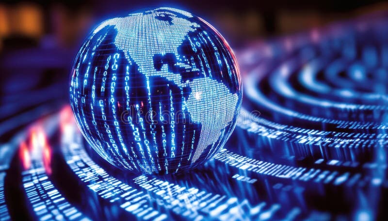 Digital Globe Surrounded by Flowing Binary Code in a Futuristic Setting Stock Photo - Image of ...
