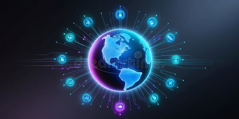 A Digital Globe Surrounded by Glowing AI Icons and Circuits ...