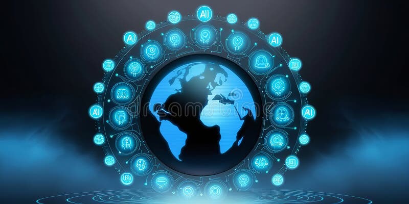 A Digital Globe Surrounded by Glowing AI Icons and Circuits ...