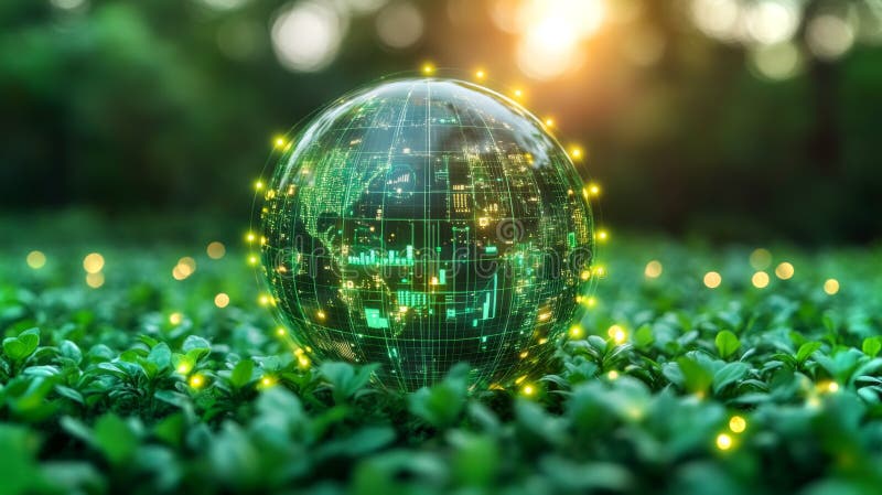 Digital Globe Surrounded by Greenery Symbolizes Technology and ...
