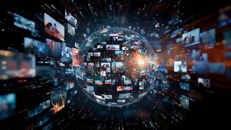 Digital Globe Surrounded by Multimedia Screens, Representing Global ...