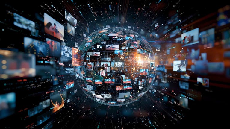 Digital Globe Surrounded by Multimedia Screens, Representing Global ...