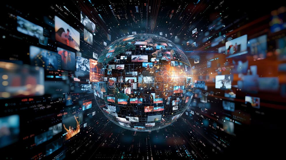 Digital Globe Surrounded by Multimedia Screens, Representing Global ...