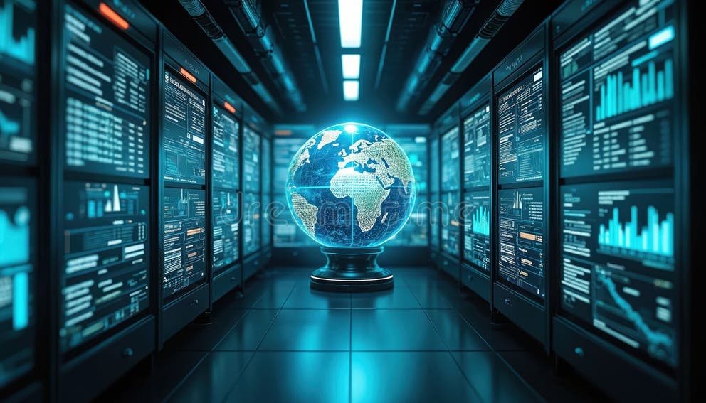 Digital Globe Surrounded Multiple Screens Displaying Data Graphics. High-tech Control Room or ...
