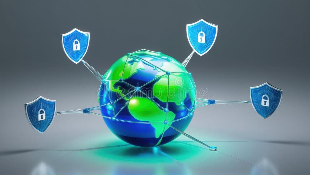 Digital Globe Surrounded by Security Shields, Representing Global ...