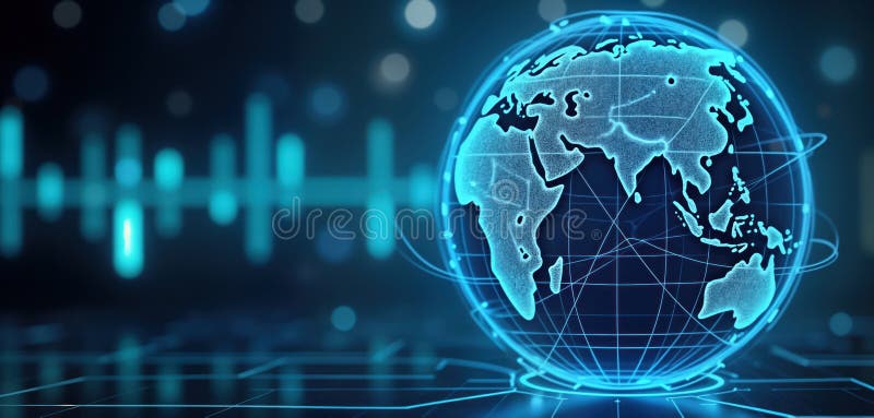 Digital Globe Technology Concept. Virtual Earth Model on Blue Tech ...