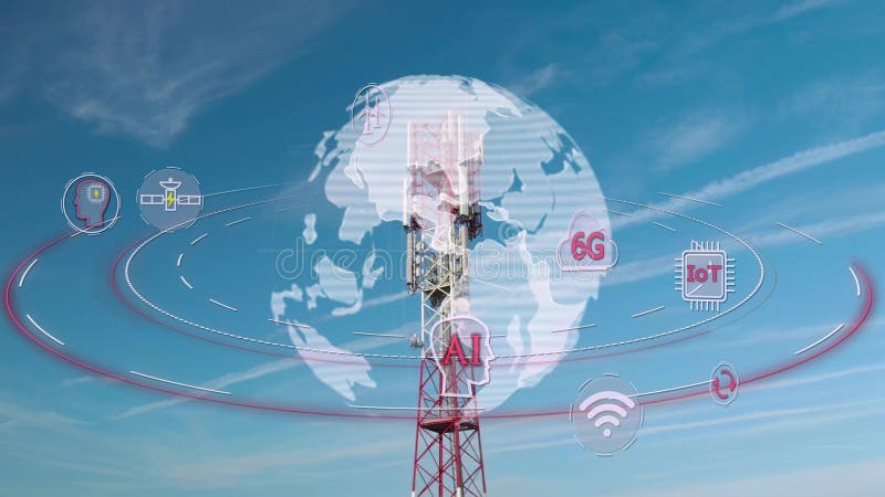 Digital Globe and Technology Icons on a 5G Telecommunication Tower. 3D Graphic Stock ...