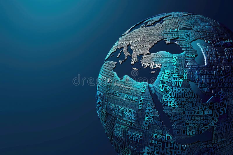 Digital Globe with Text-based Continents on a Dark Blue Background AI ...