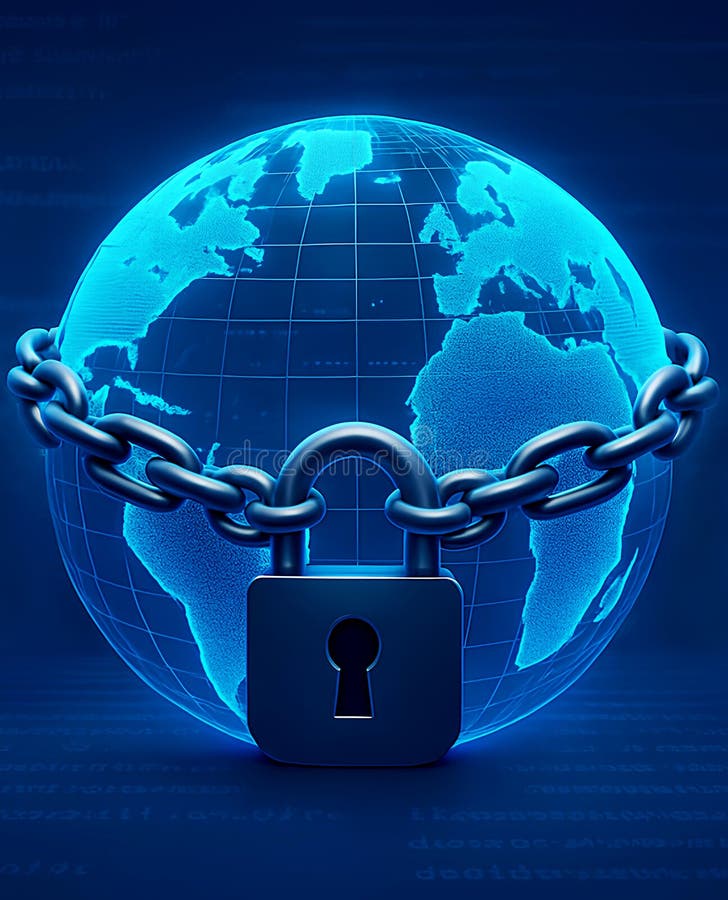 Digital Globe Wrapped in Thick Chain with Lock, with Lines of Code in ...