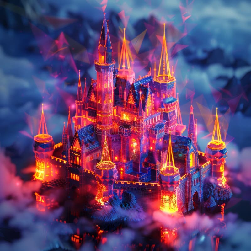Digital Glowing Castle of 3d Triangular Polygons Stock Image - Image of ...