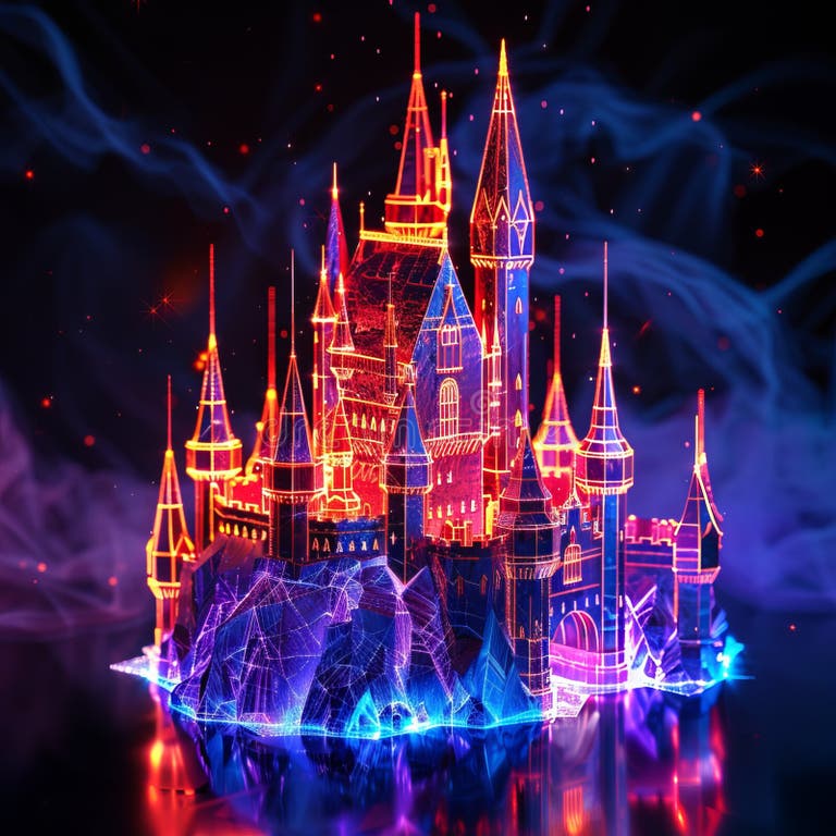 Digital Glowing Castle of 3d Triangular Polygons Stock Photo - Image of ...