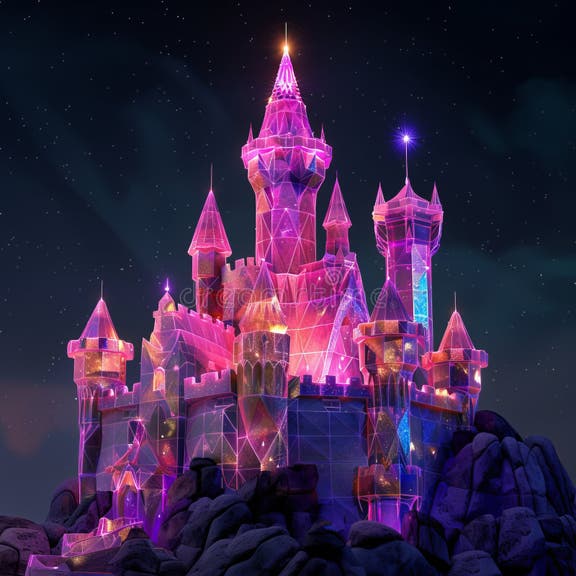 Digital Glowing Castle of 3d Triangular Polygons Stock Image - Image of ...