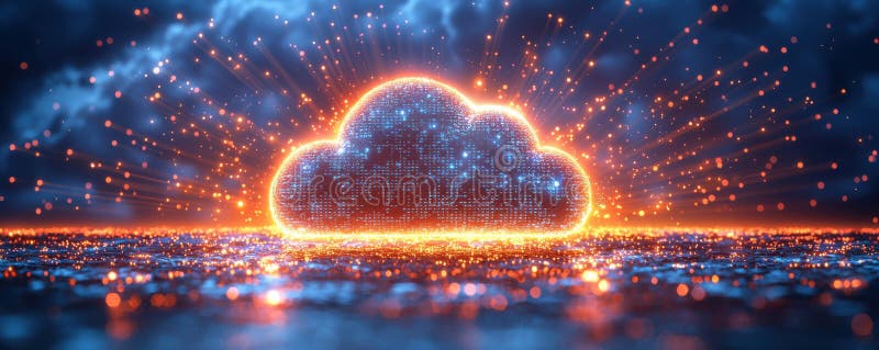 Digital Glowing Cloud with Technological Particles on Blue Background ...