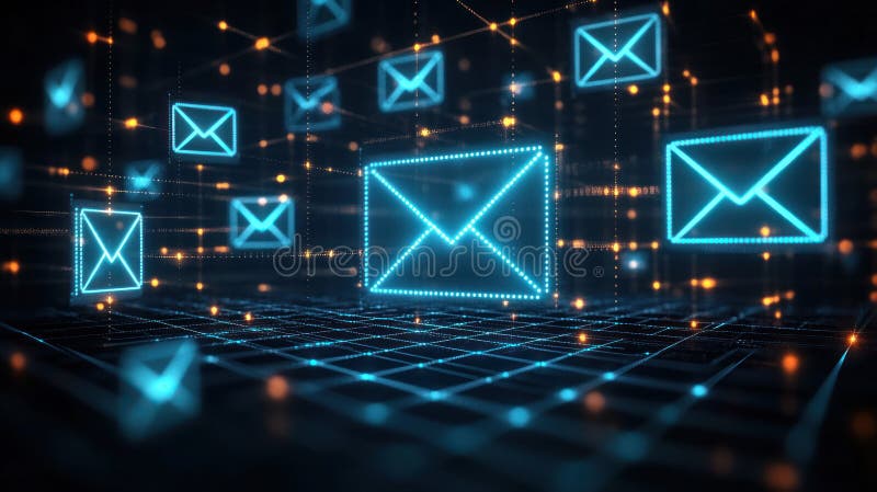 Digital Glowing Email Icons Floating in a Network Grid Stock ...