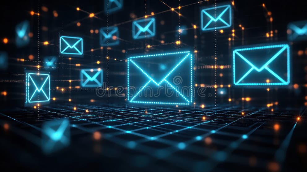 Digital Glowing Email Icons Floating in a Network Grid Stock ...