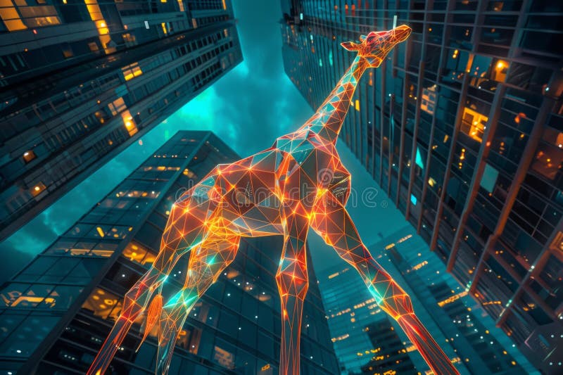 Digital Glowing Giraffe of 3d Triangular Polygons among City ...