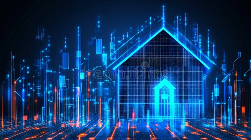 Digital Glowing House Icon Surrounded by Binary Code and Futuristic ...
