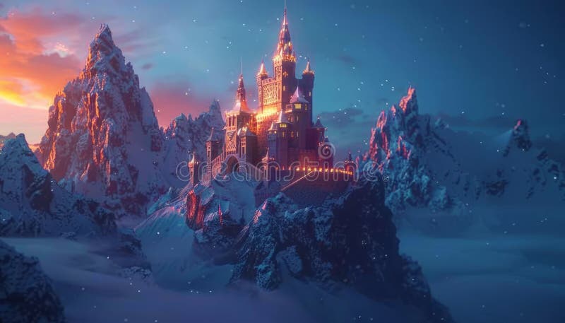 Digital Glowing Medieval Castle in the Mountains of 3d Triangular ...
