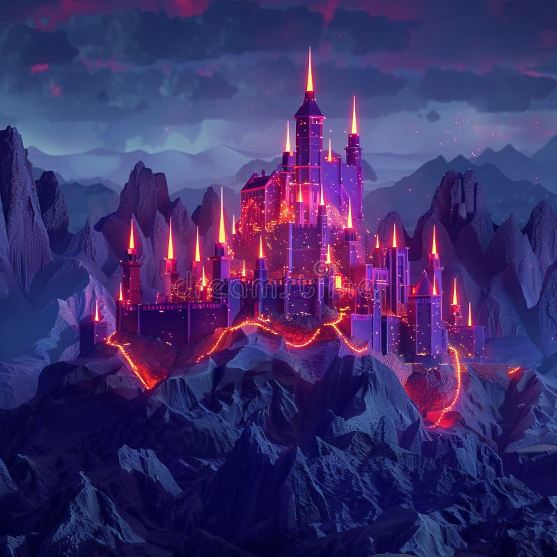 Digital Glowing Medieval Castle in the Mountains of 3d Triangular ...