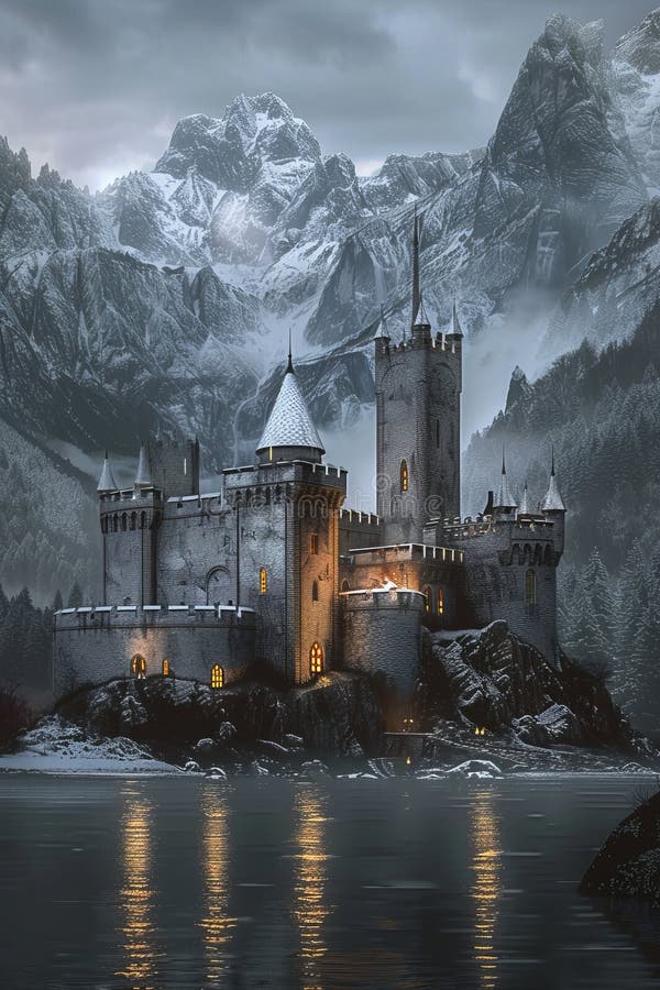 Digital Glowing Medieval Castle in the Mountains of 3d Triangular ...
