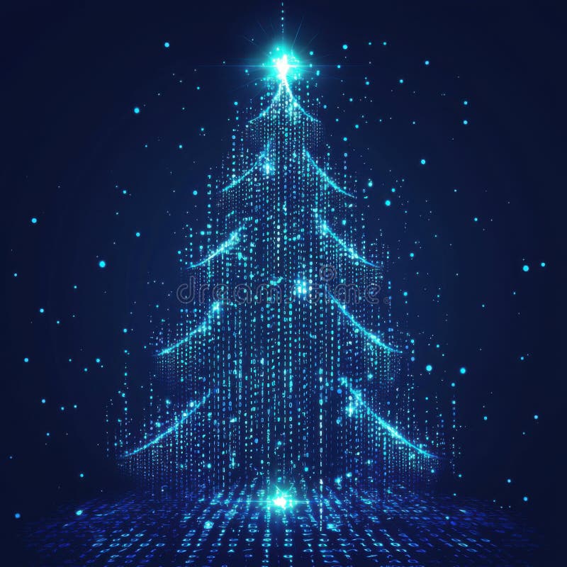 Digital Glowing Tech Christmas Tree on Blue Background Stock ...