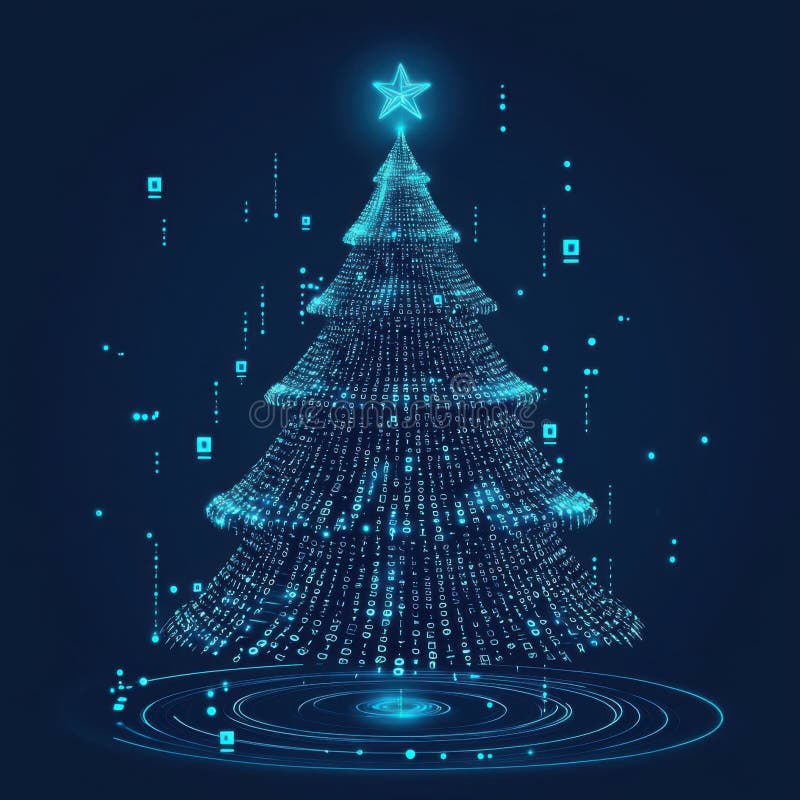Digital Glowing Tech Christmas Tree on Blue Background Stock ...