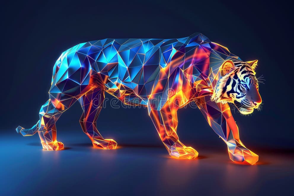 Digital Glowing Tiger of 3d Triangular Polygons Stock Photo - Image of ...