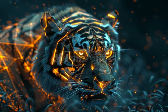 Digital Glowing Tiger of 3d Triangular Polygons Stock Image - Image of ...
