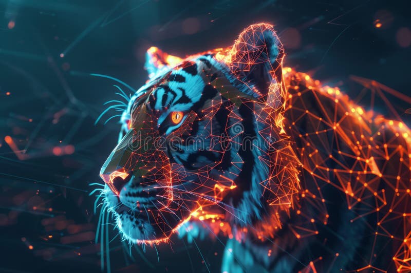 Digital Glowing Tiger of 3d Triangular Polygons Stock Illustration ...