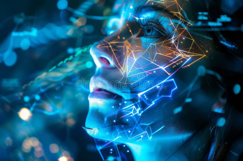 Digital Goddess Concept with Luminous Geometric Projections Across a ...